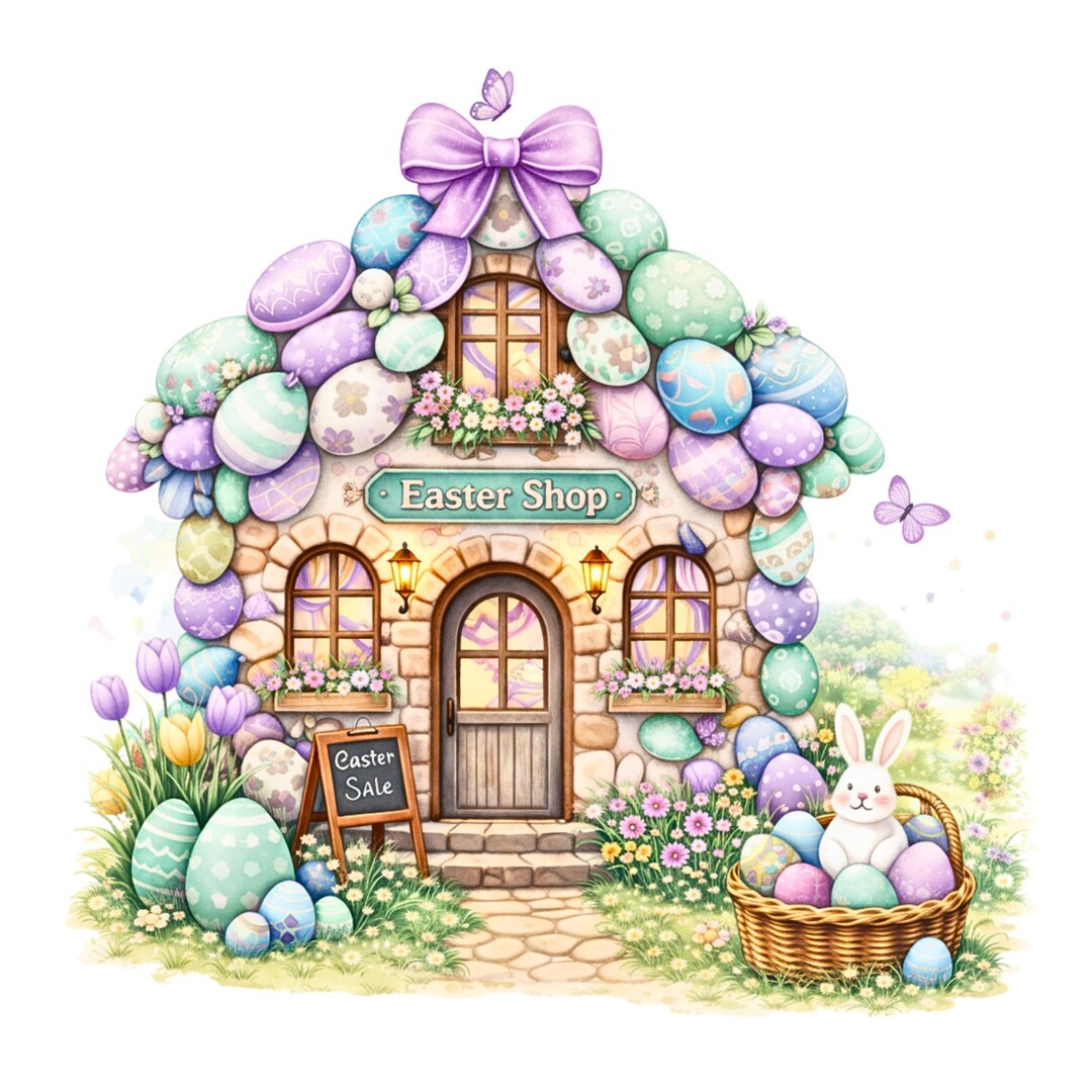 18 Watercolor Easter Shop Clipart, Easter Market PNG, Spring Storefront ...