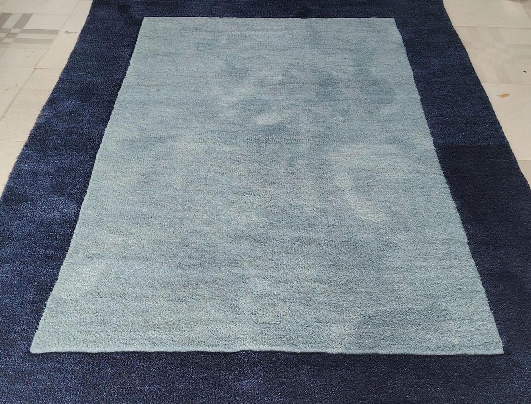 Hand Tufted Wool Rug Blue Border Design | Modern Plain Area Rug | Soft ...