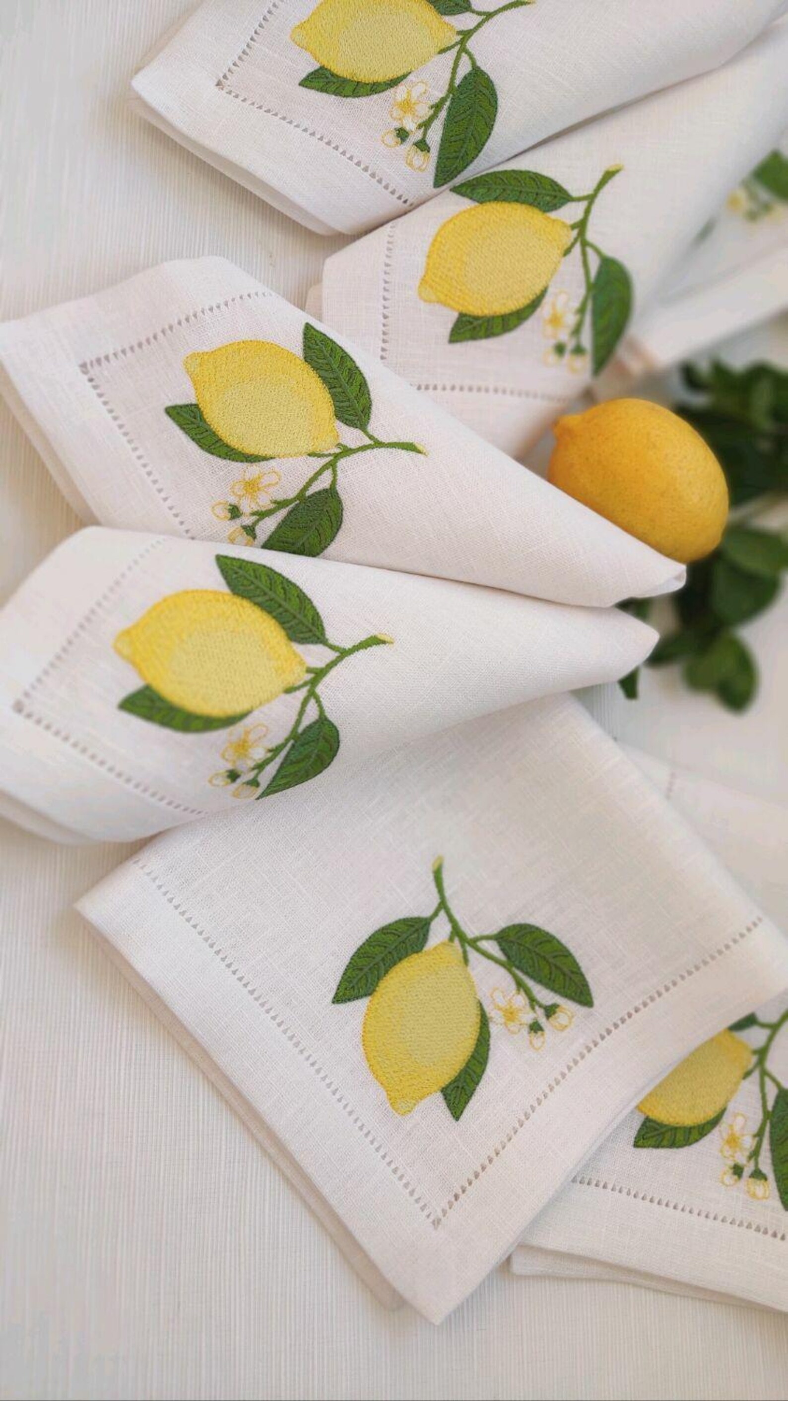 Embroidered Lemon Linen Napkin Set – Handmade Fresh Citrus Table Decor ...