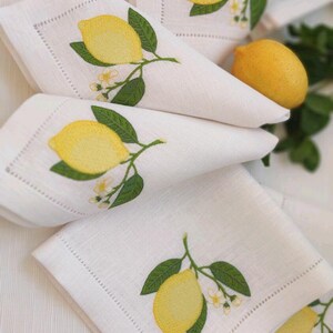 Embroidered Lemon Linen Napkin Set – Handmade Fresh Citrus Table Decor ...