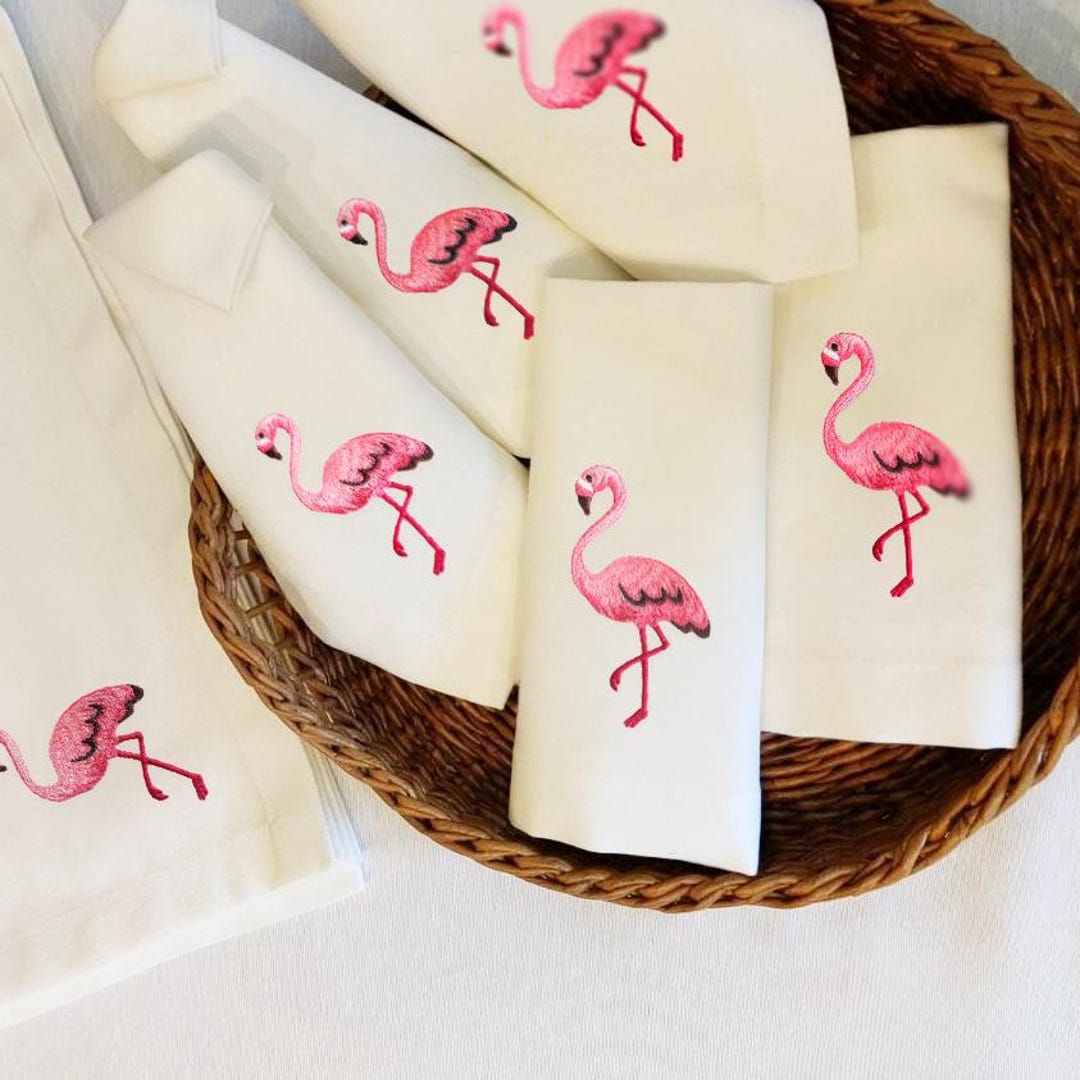 Embroidered Flamingo Linen Napkin Set – Tropical Table Decor for Dining ...
