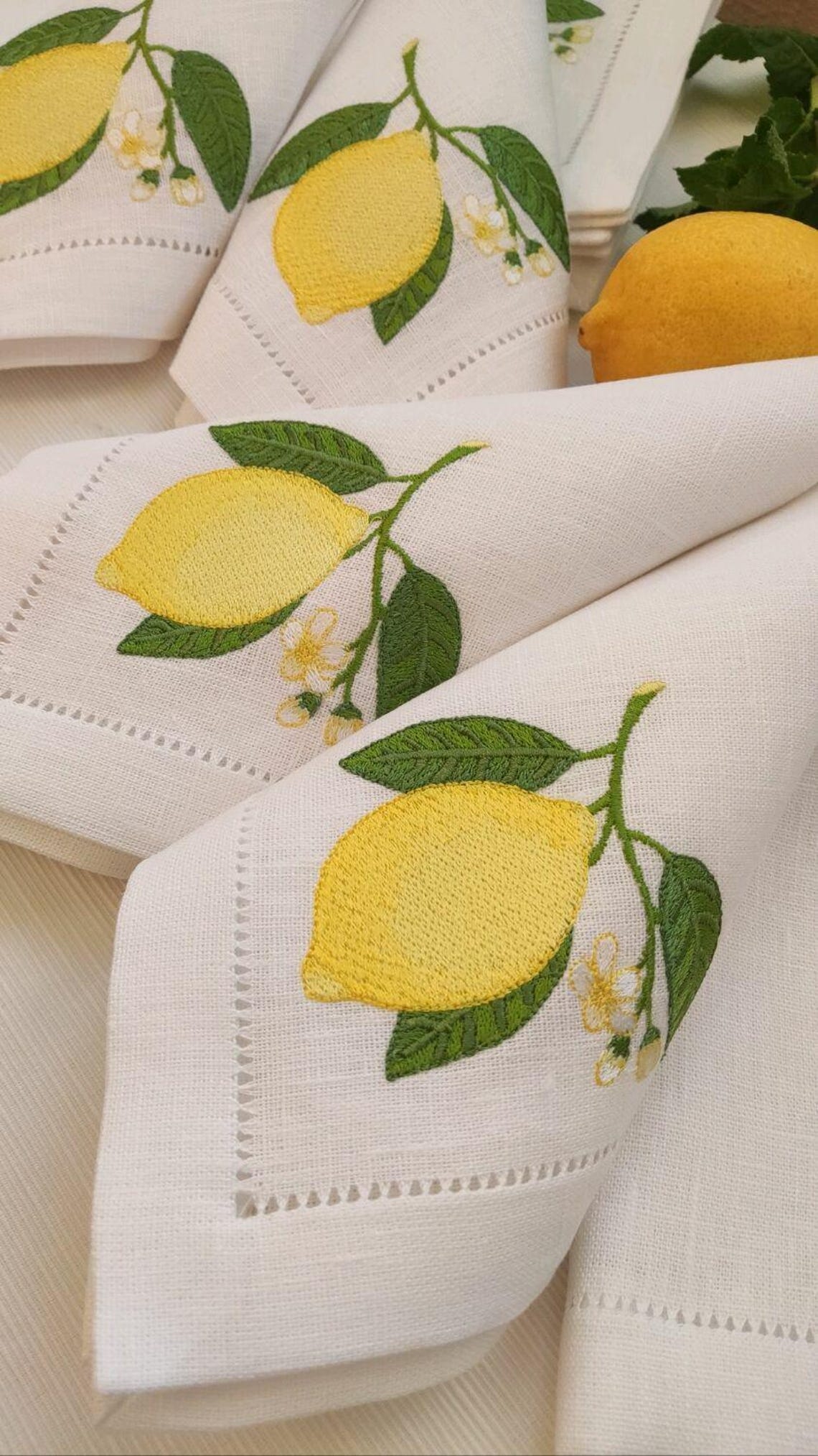 Embroidered Lemon Linen Napkin Set – Handmade Fresh Citrus Table Decor ...