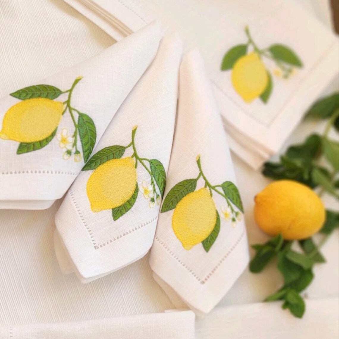 Embroidered Lemon Linen Napkin Set – Handmade Fresh Citrus Table Decor ...