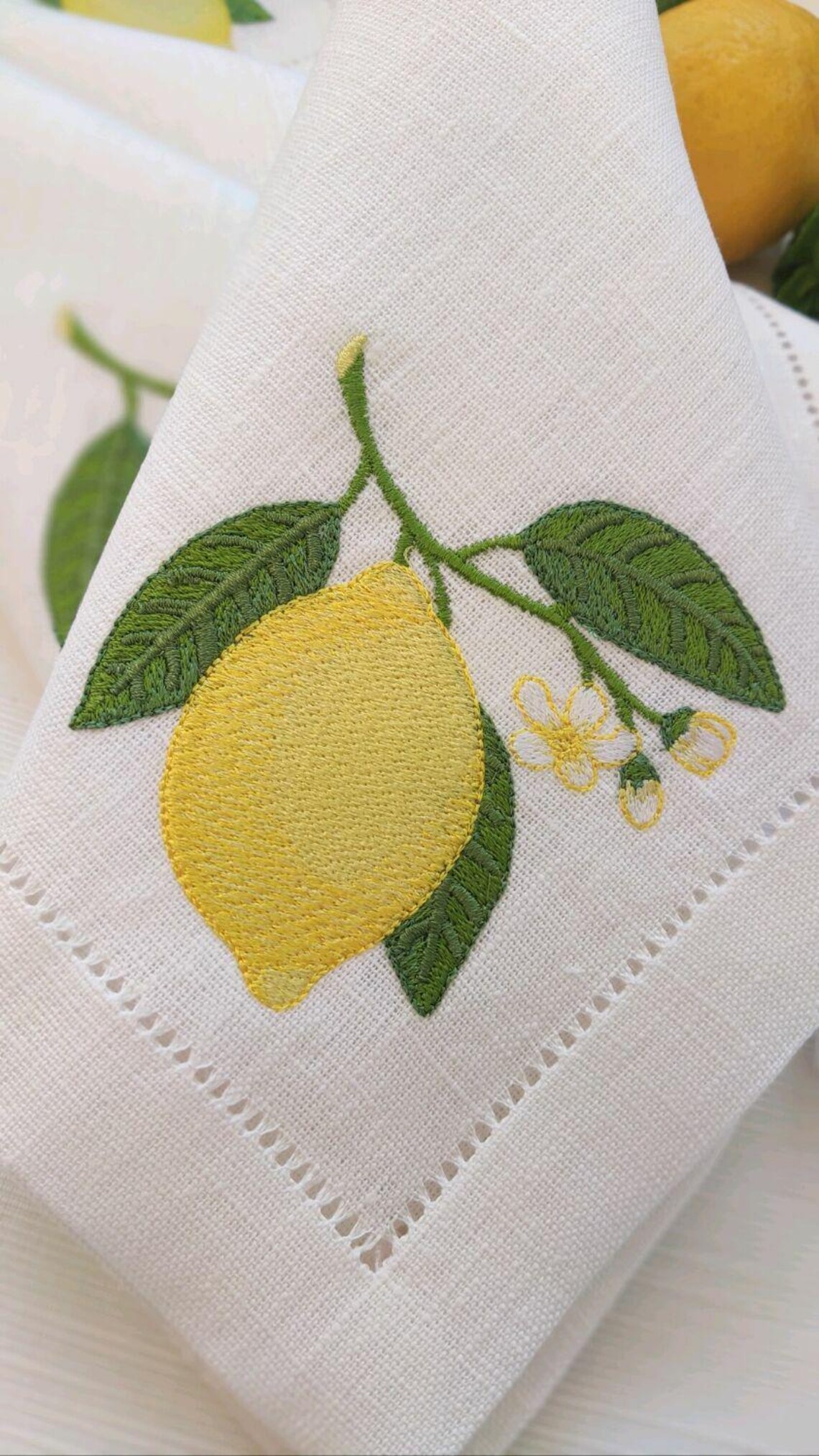 Embroidered Lemon Linen Napkin Set – Handmade Fresh Citrus Table Decor ...