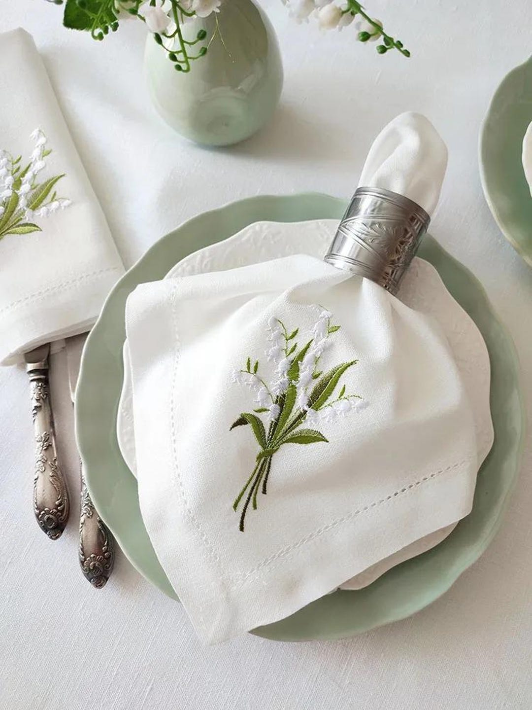 White Lily Buds Flower With Leaves Hemstitch Embroidered Linen Napkin ...