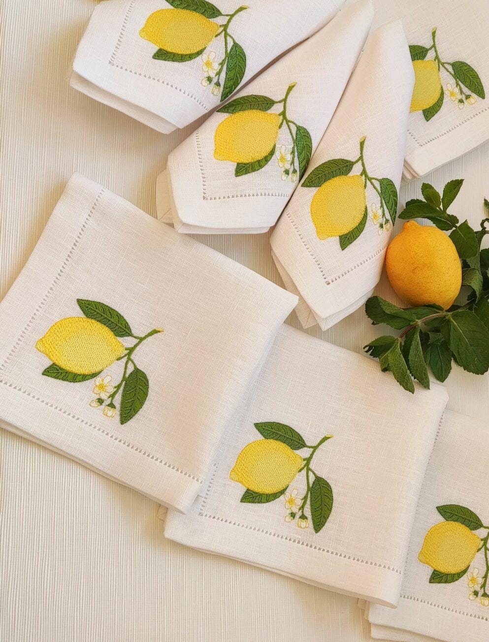 Embroidered Lemon Linen Napkin Set – Handmade Fresh Citrus Table Decor ...