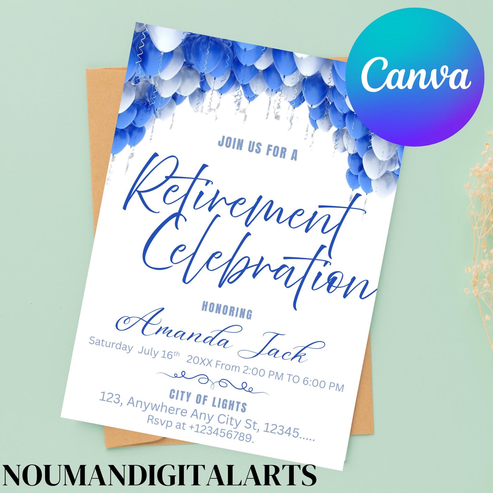 Retirement Party Invitation - Elegant Blue White Black + Silver ...