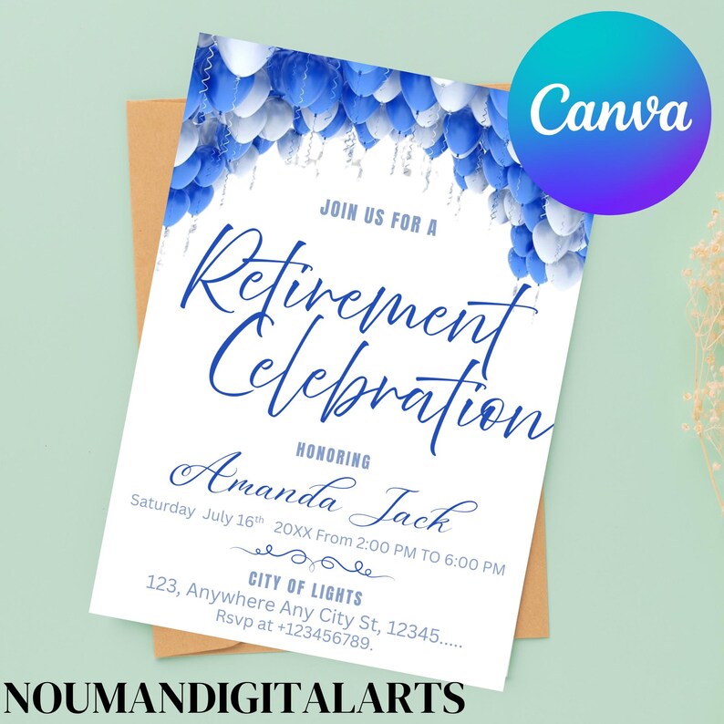 Retirement Party Invitation - Elegant Blue White Black + Silver ...
