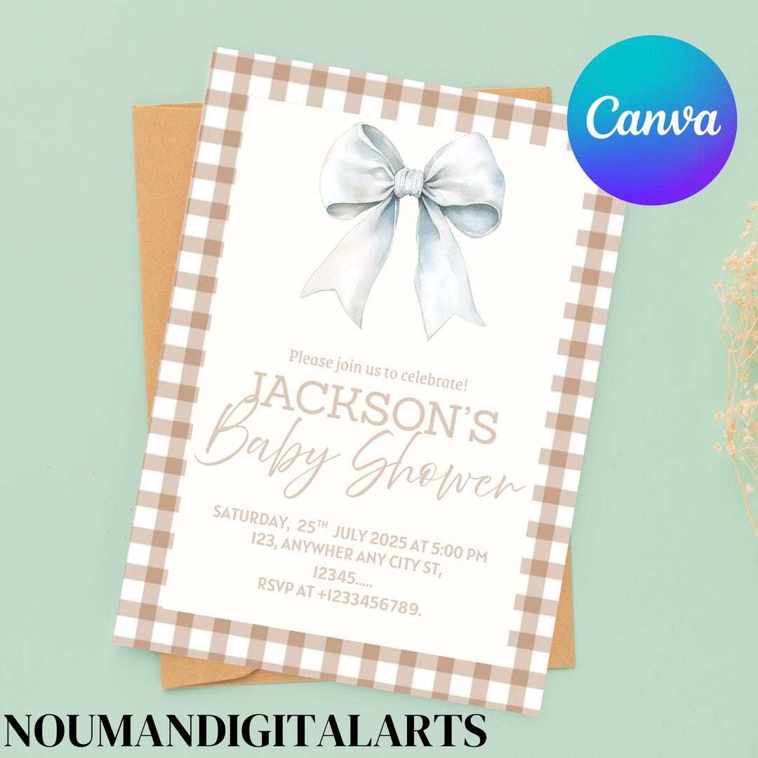 Blue Ribbon Baby Shower Invitation Template Blue Bow Baby Shower Canva ...