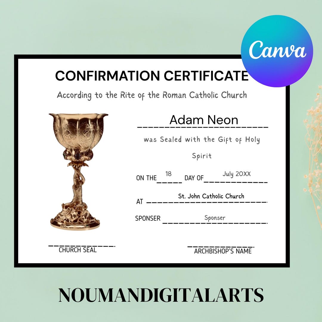 Gold Certificate of Confirmation, 11x8.5 Confirmation Certificate Template, Printable Church ...