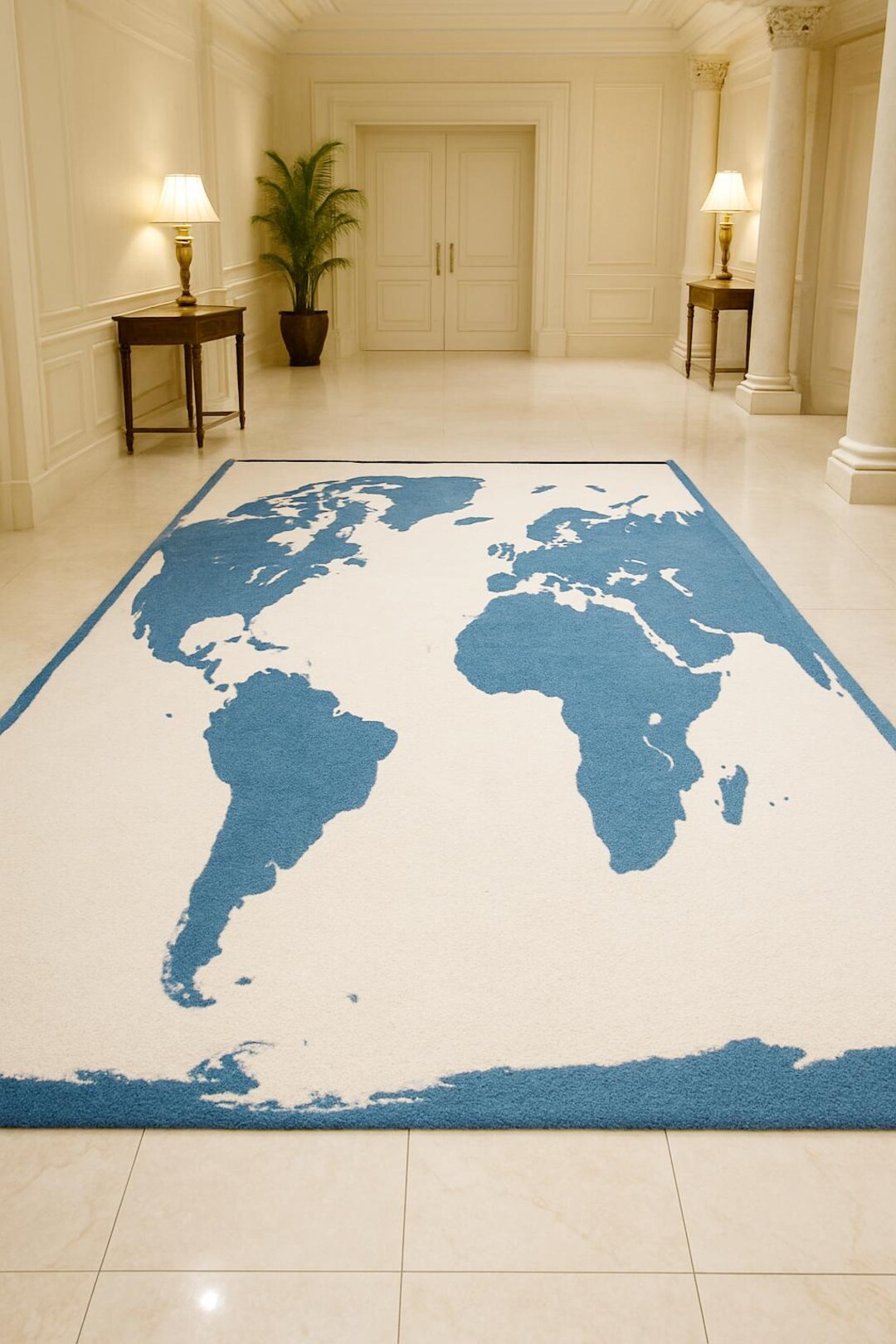 Hand Tufted Modern, World Map Area Rug Blue, & White Minimalist Carpet ...