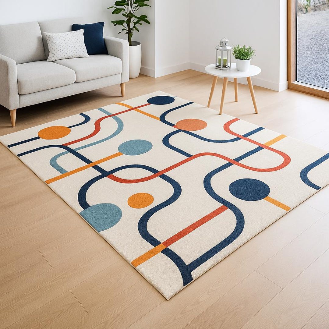 Modern Abstract Line Art Rug, Hand-tufted Geometric Carpet in Blue ...