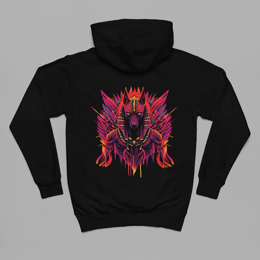 Anubis Inferno Hoodie, Neon Egyptian Jackal God Graphic, Mythology ...