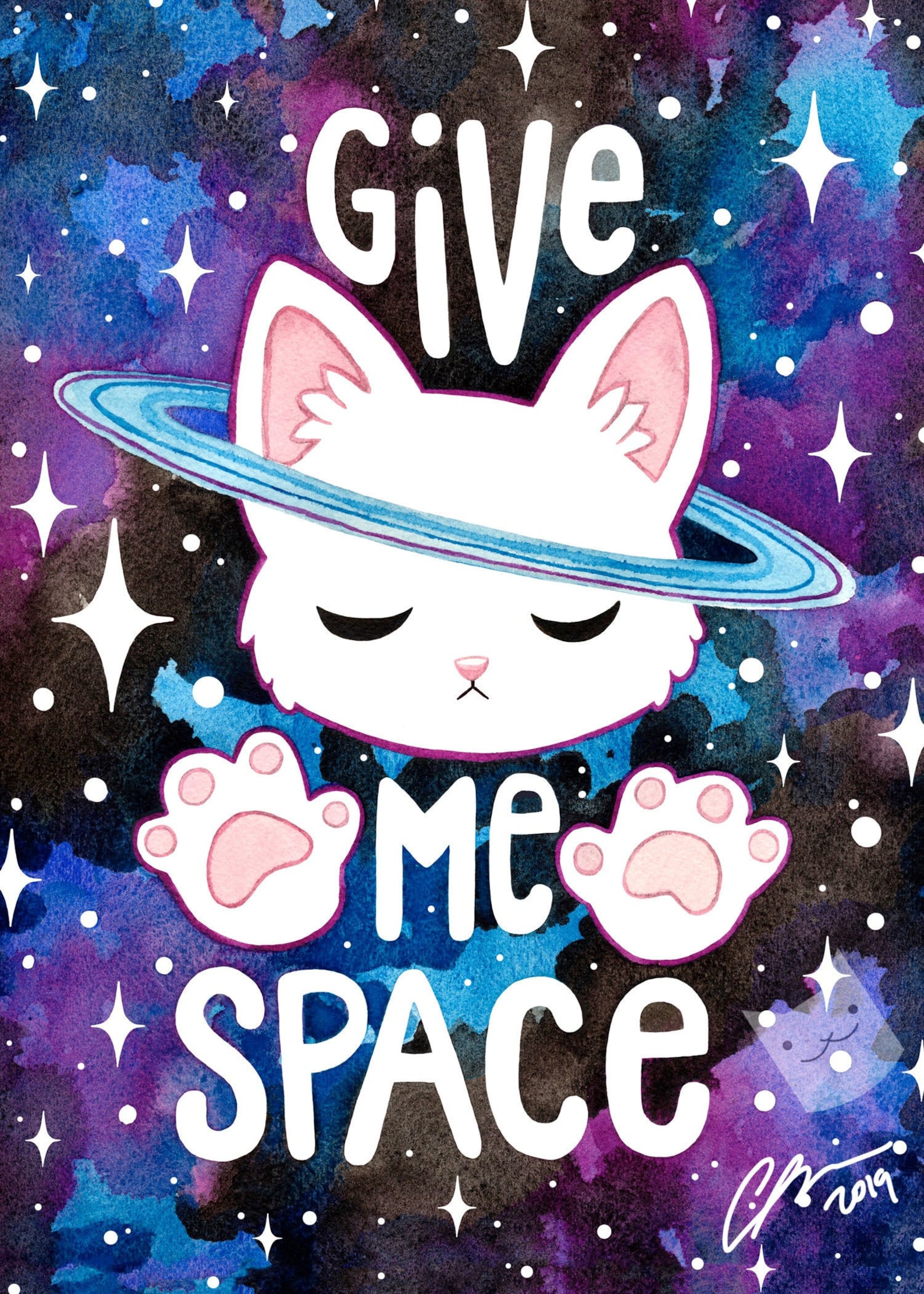 Give Me Space 5x7 illustration Art Print white kitty cat | Etsy