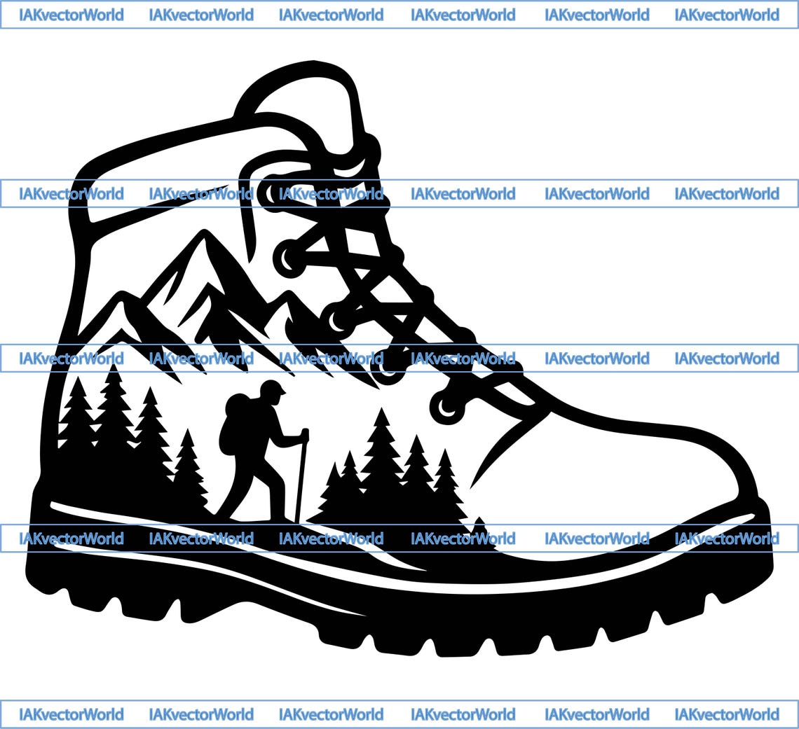 Hiking Boot Mountain Scene SVG | Hiking Silhouette Clipart | Adventure ...
