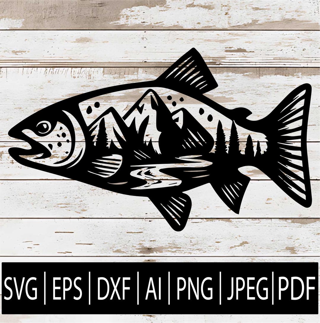 Trout Fish Mountain Stream Fishing Scene SVG | Bass Fly Fishing Clipart ...