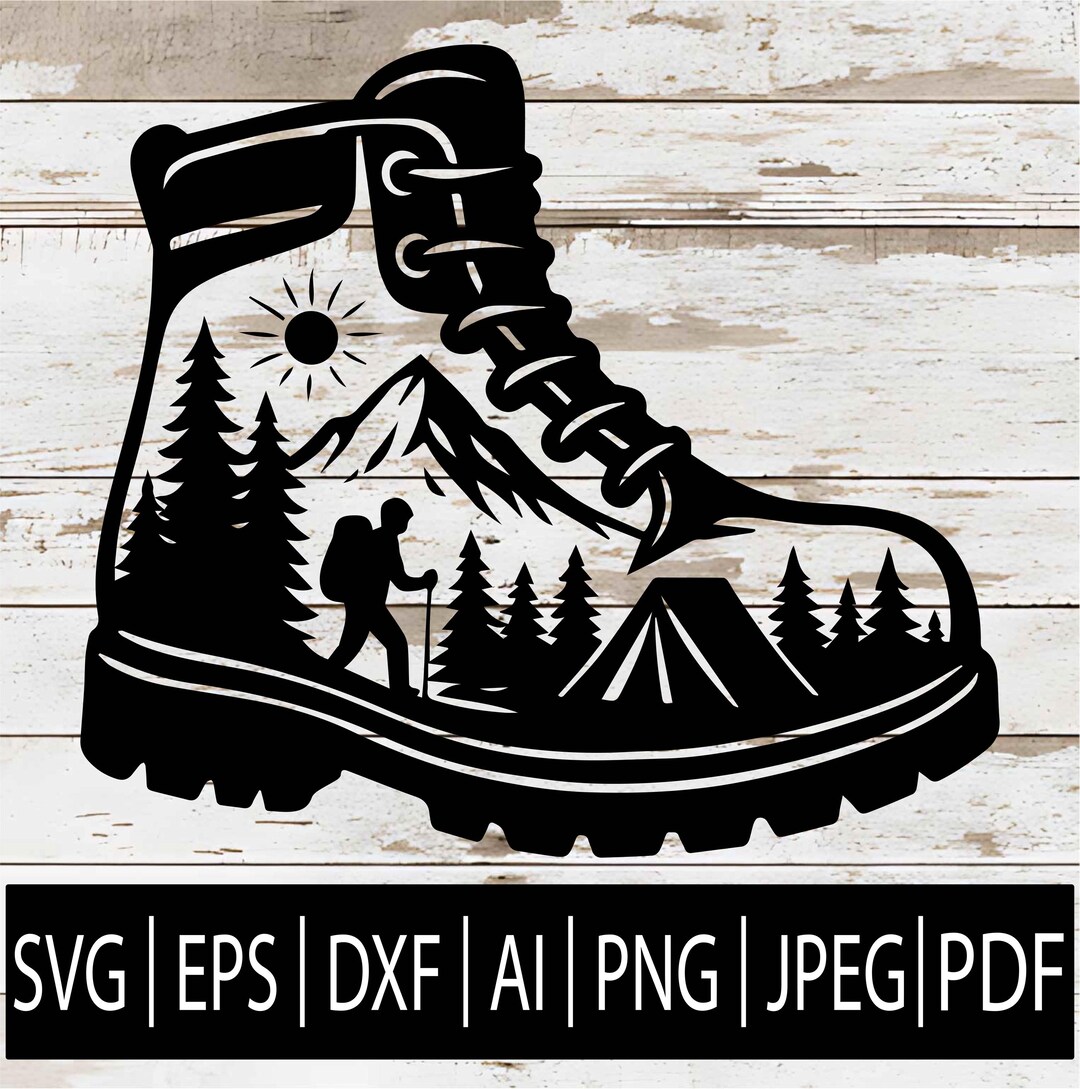 Hiking Boot Mountain Scene SVG | Hiking Silhouette Clipart | Adventure ...
