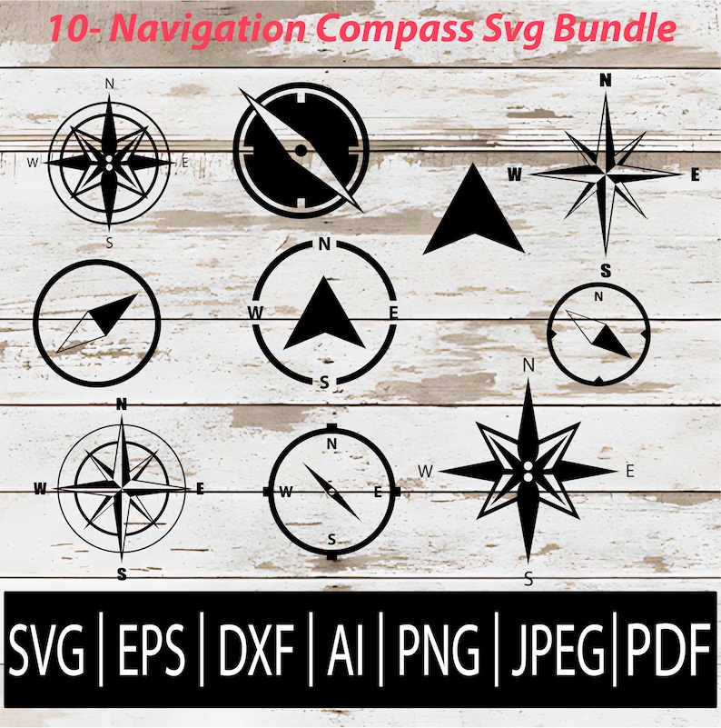 Compass SVG Bundle - Nautical Arrow & Boho Travel Vector - 10 ...