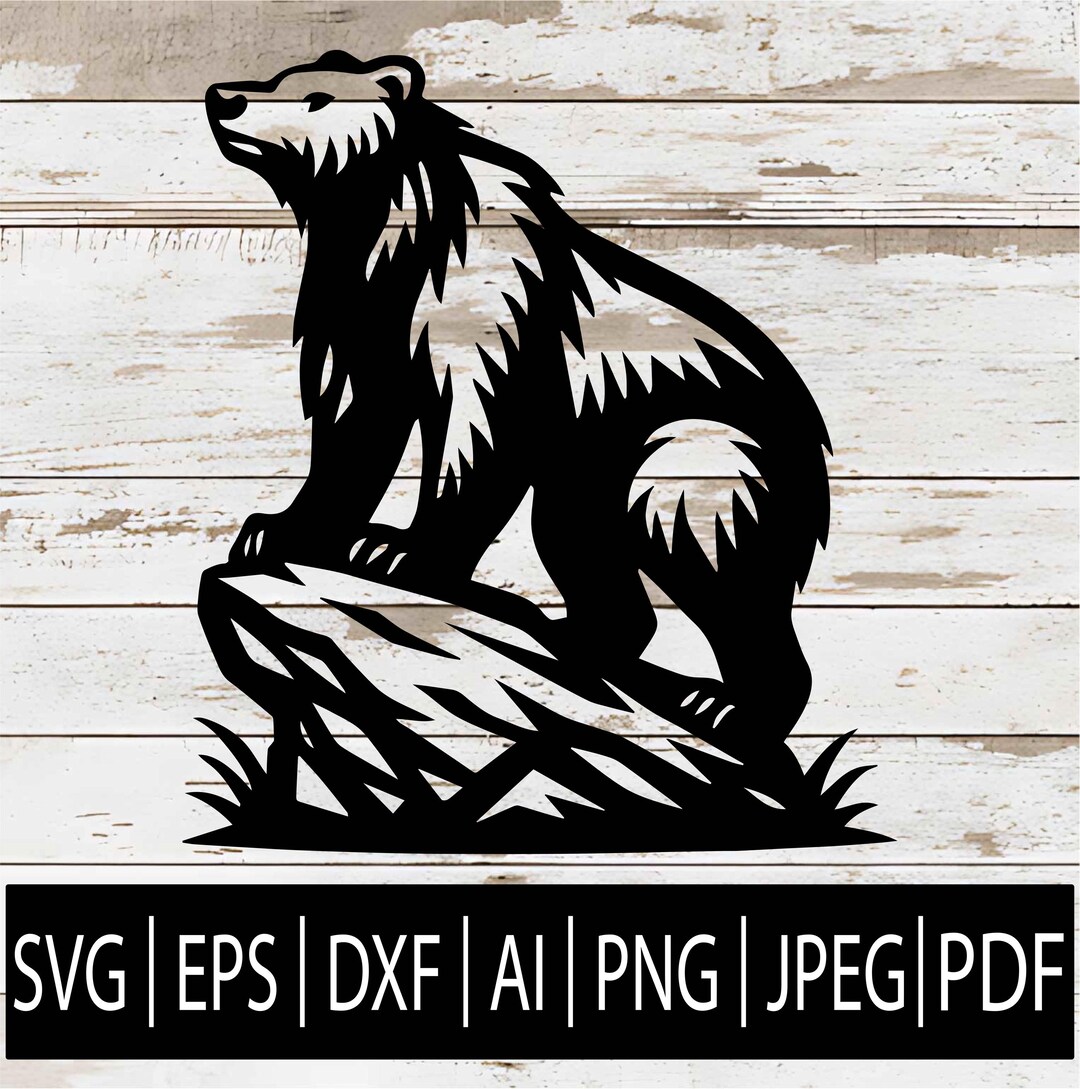 Black Bear SVG, Bear on Boulder Silhouette, Mountain Forest Scene for ...