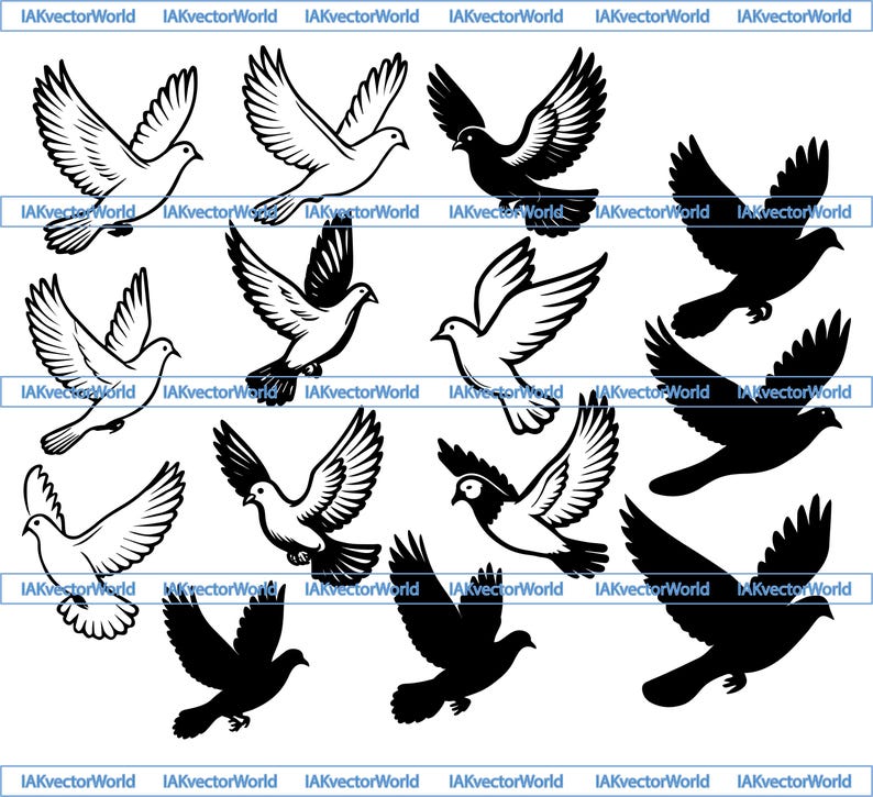 Flying Pigeon Birds SVG Bundle | 14 Dove Birds Set Vector Graphic Art ...