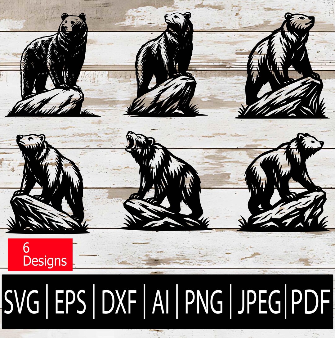 Black Bear on Boulder SVG Bundle | 6 Wildlife Bear Silhouette Mountain ...