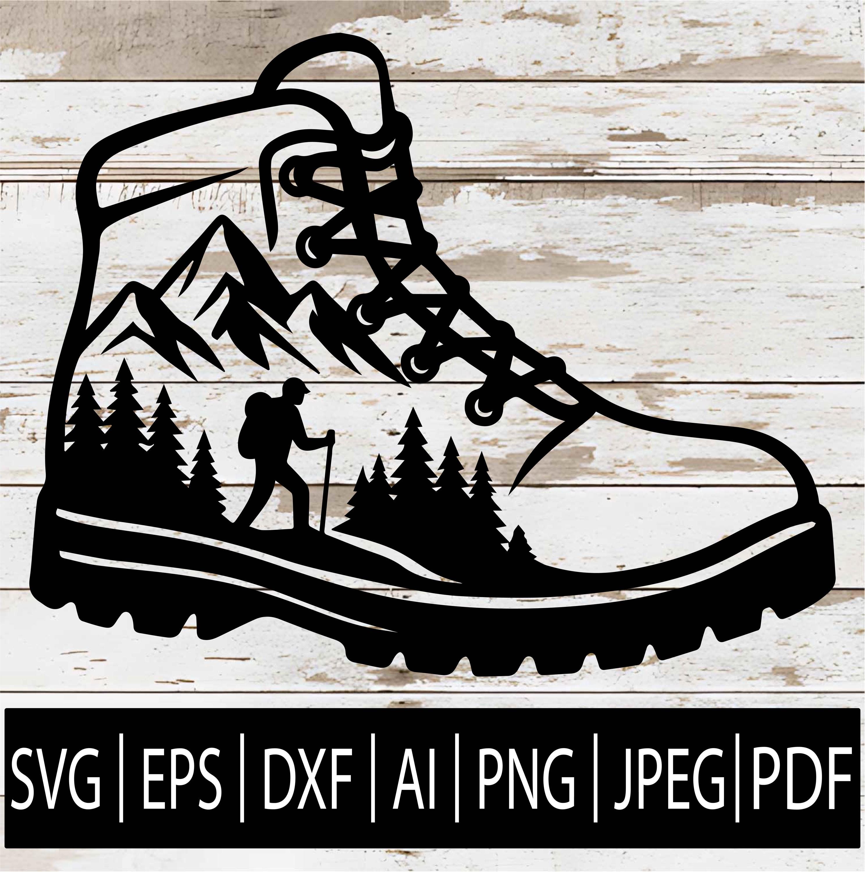 Hiking Boot Mountain Scene SVG | Hiking Silhouette Clipart | Adventure ...