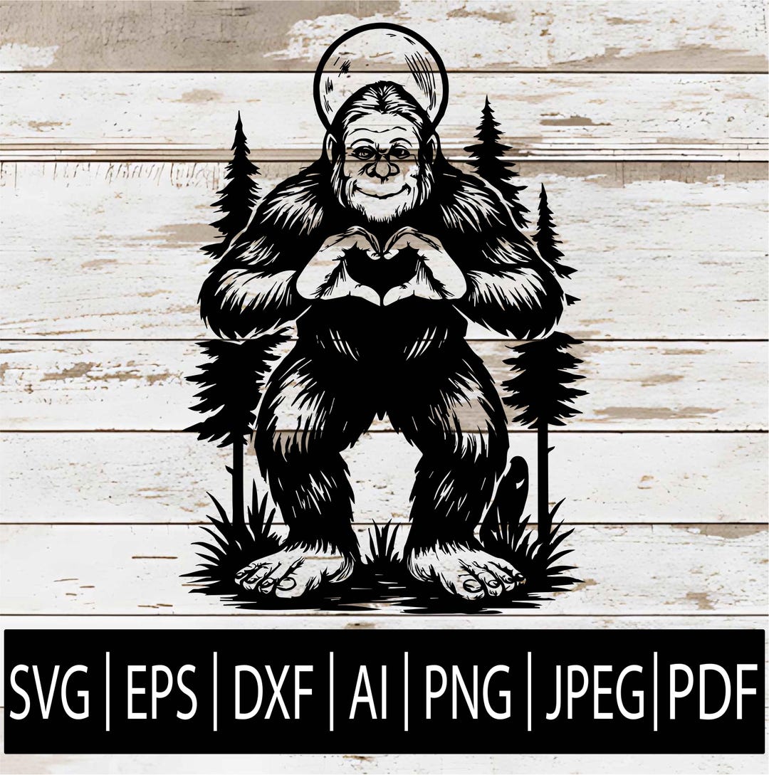 Bigfoot Heart Hands SVG | Cute Sasquatch Forest Scene Clipart | Love ...