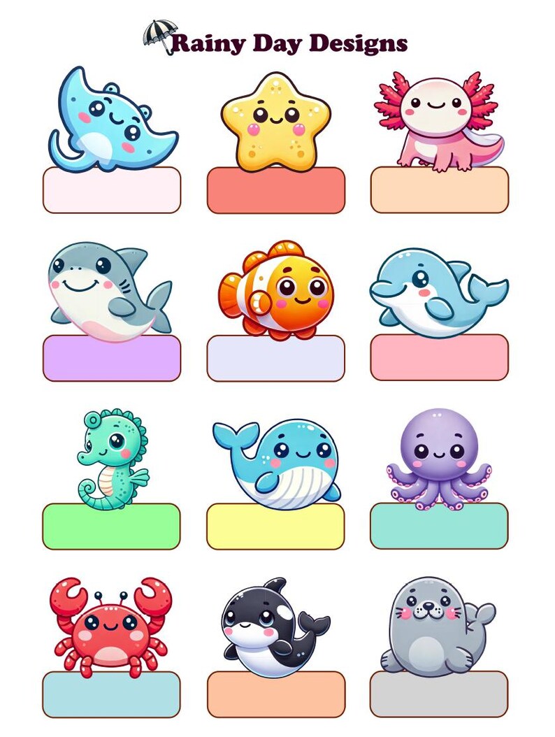Sea Animals. Cute Dishwasher Safe Labels - Cute Daycare Labels - Cute ...