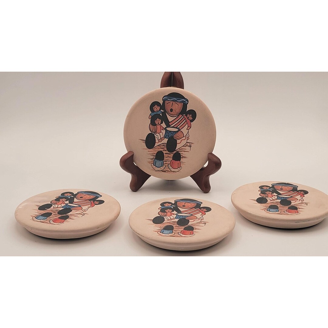 Native American Story Teller Pottery Clay Coasters Set of 4 4 1/8 ...
