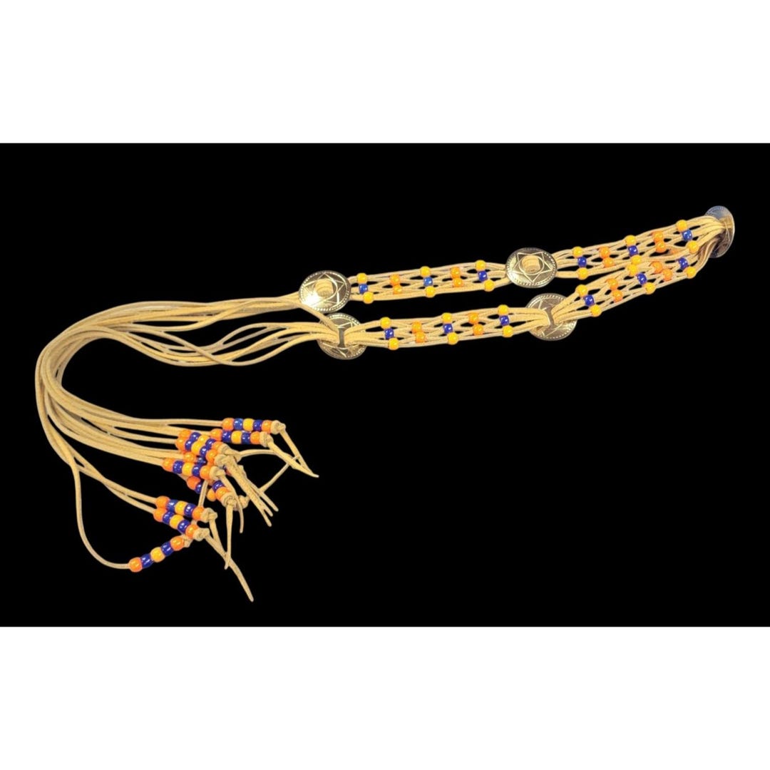 Vintage Handmade Beaded Leather Concho Belt With Orange & Blue Accents ...