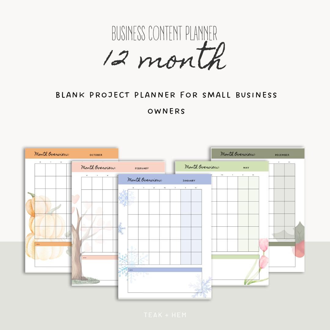 Blank Year Long Content + Project Planner | Themed 12 Month Calendar ...