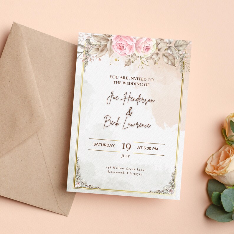 Blush Floral Wedding Invitation Template, Editable Canva Invite ...