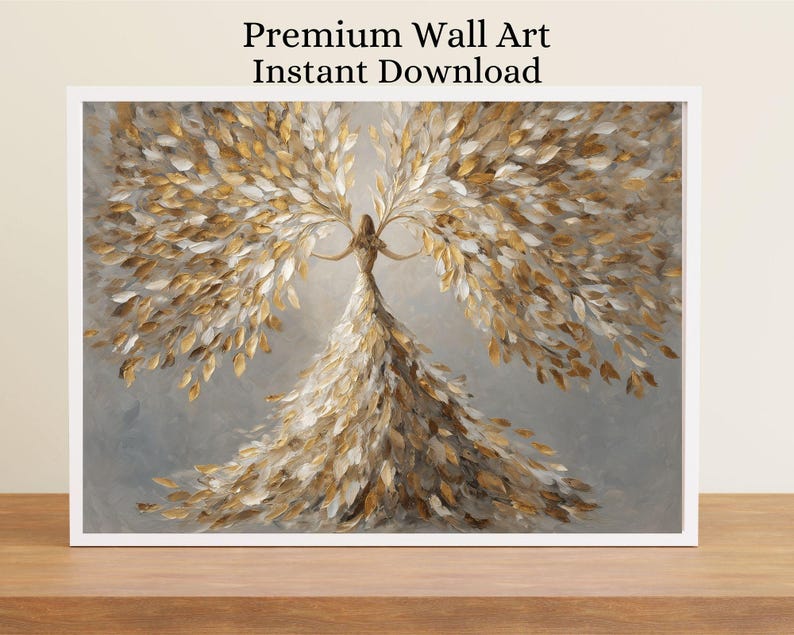 Spiritual Tree of Life Woman Printable Wall Art, Gold Angel Wings ...