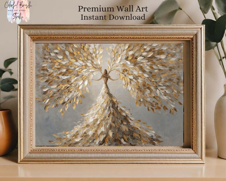 Spiritual Tree of Life Woman Printable Wall Art, Gold Angel Wings ...