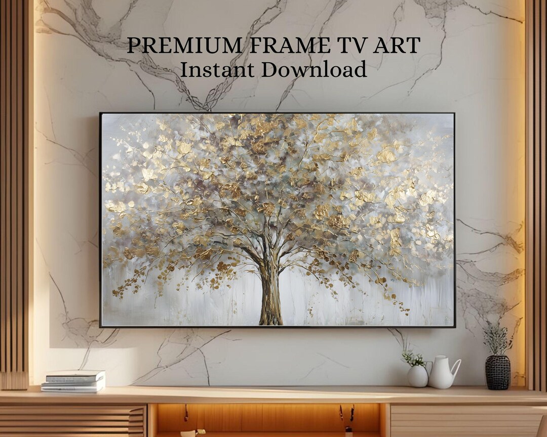 Gold Tree Forest TV Frame Art, Abstract Gold Leaf Tree Digital Painting ...