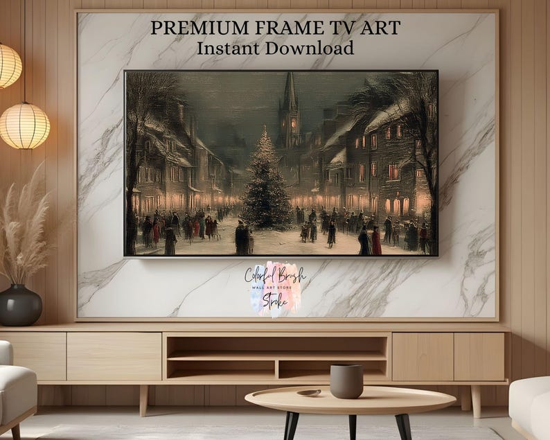 Rustic Christmas Town TV Frame Decor,moody Vintage Winter Village ...