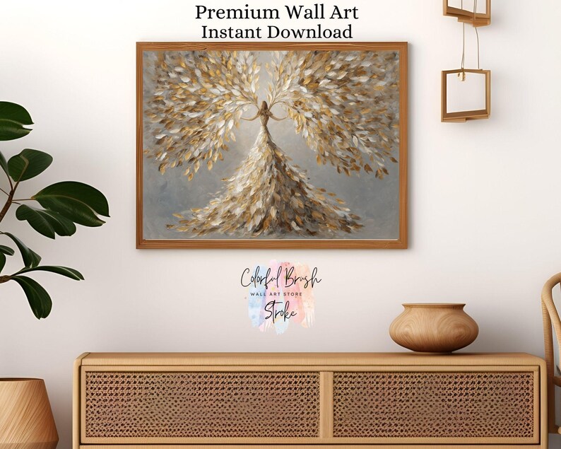 Spiritual Tree of Life Woman Printable Wall Art, Gold Angel Wings ...