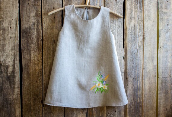 Linen Embroidered Dress Flower Girl Rustic Wedding Gray | Etsy
