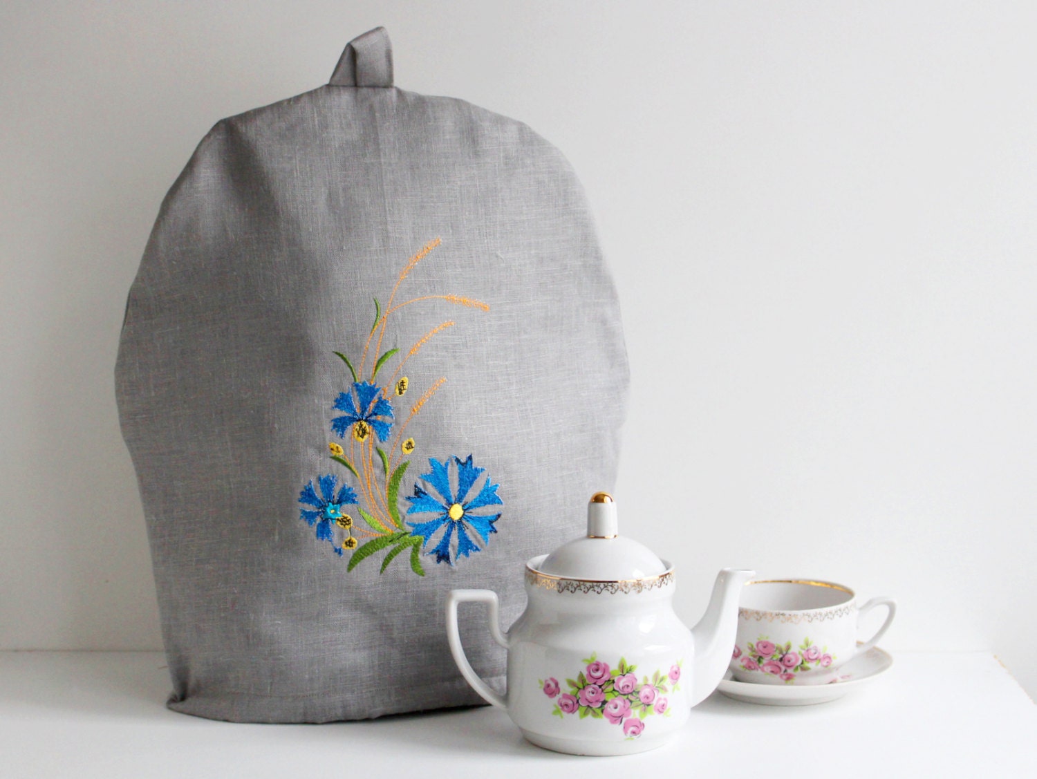 Linen Coffee Pot Cozy With Cornflower Embroidered Pure Linen - Etsy
