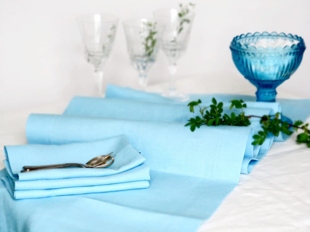 Light Blue Linen Table Runner, Handmade Linen Table Cloth, Wedding ...