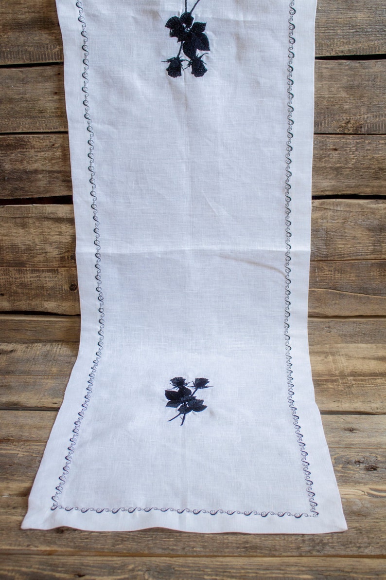 White Linen Embroidered Table Runner Handmade Linen Table | Etsy
