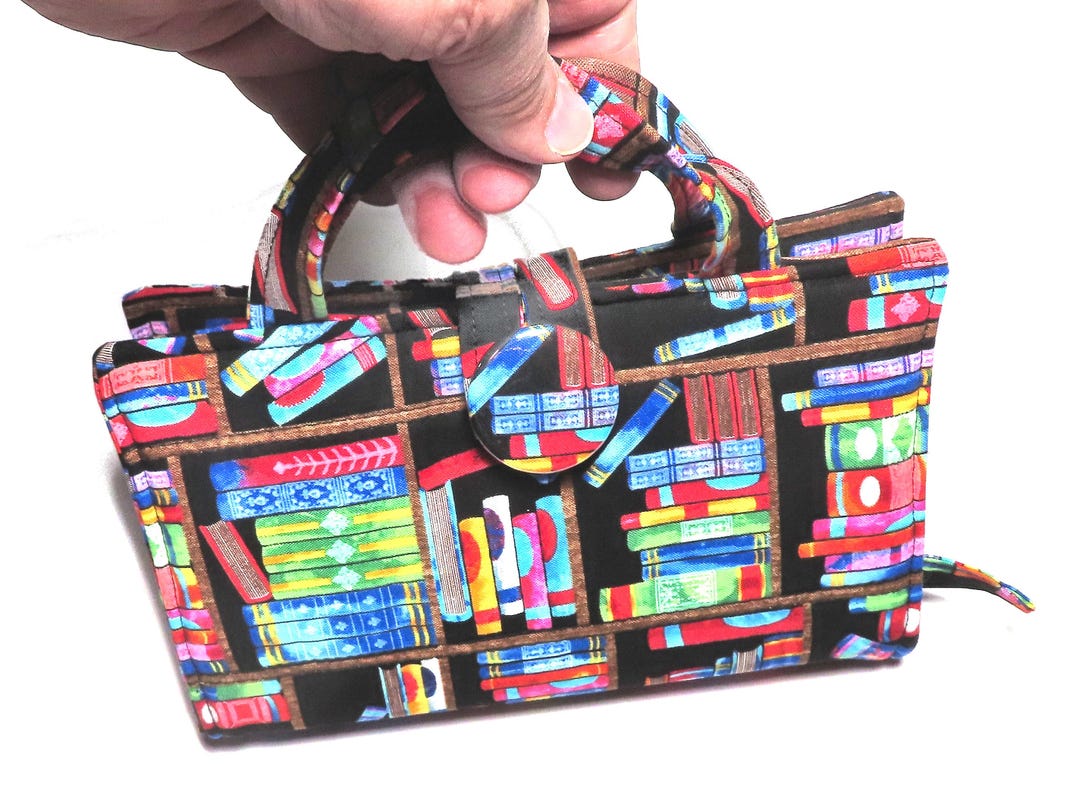 Quilted Book Cover: Library Books Print, Button Closure & Bookmark ...