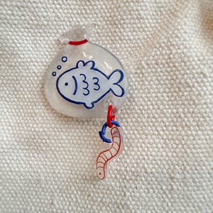 Fish Pin// Fish and Worm Pin// Cute Pin Badge // Handmade Pin// Pin for ...