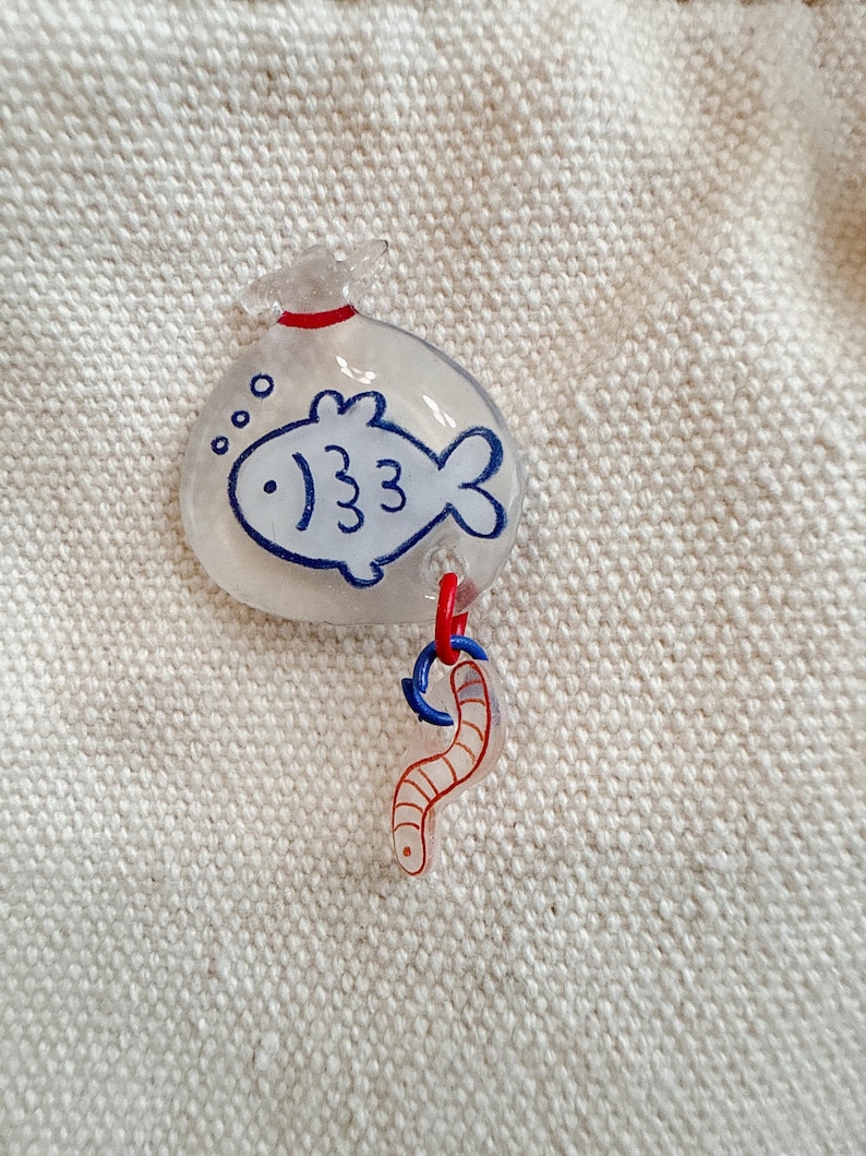 Fish Pin// Fish and Worm Pin// Cute Pin Badge // Handmade Pin// Pin for ...