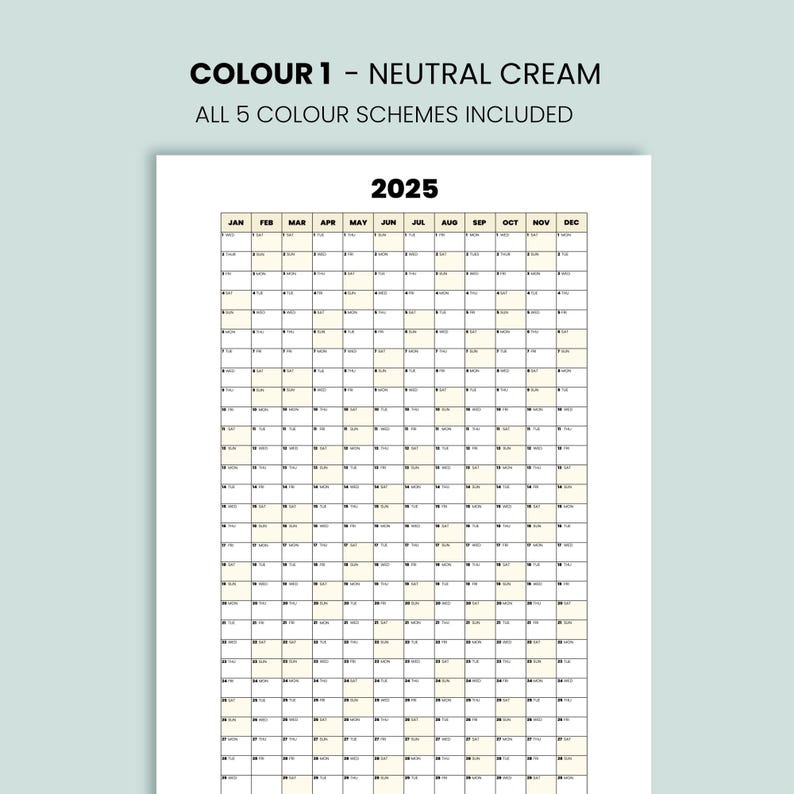 2025 Year Planner – Printable Year at a Glance Calendar - Neutral ...