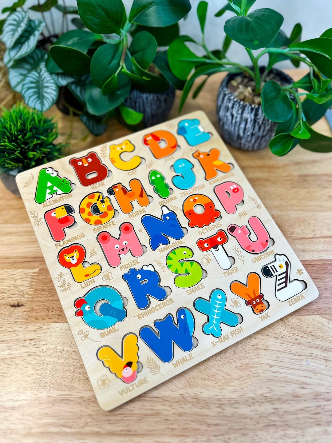 Wooden Alphabet Puzzle: Montessori Animal Learning Toy - Etsy