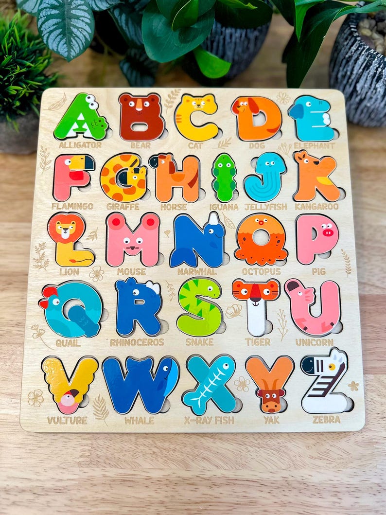 Wooden Alphabet Puzzle: Montessori Animal Learning Toy - Etsy