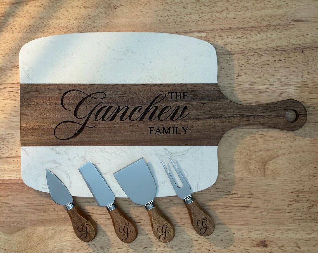 Personalized Marble & Wood Cheese Board Set - Engraved Family Name - Etsy