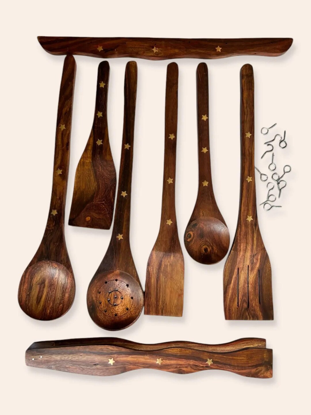 Wooden Cooking Utensils Set With a Holder Bar for Easy Hanging of the ...
