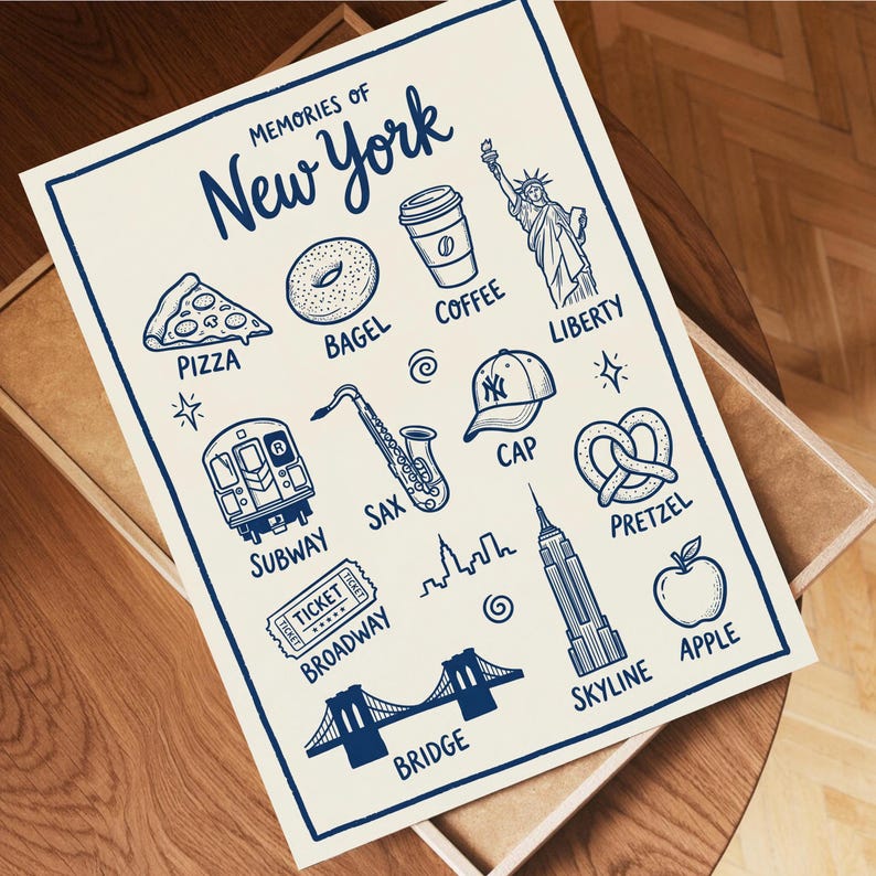 New York City Icons Poster | Blue Travel Illustration (digital Download ...